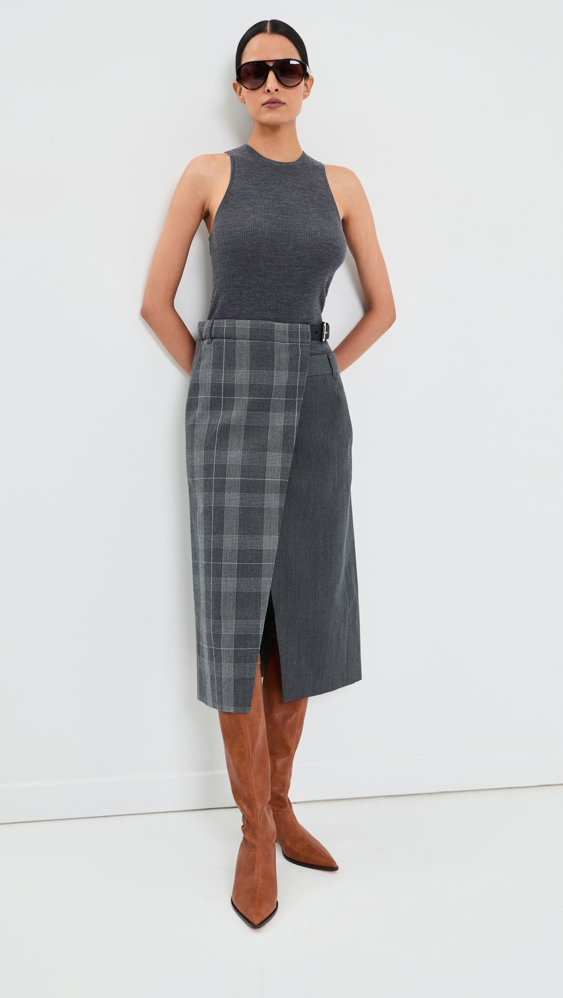 TIBI Papery Wool Plaid Double Apron Skirt
